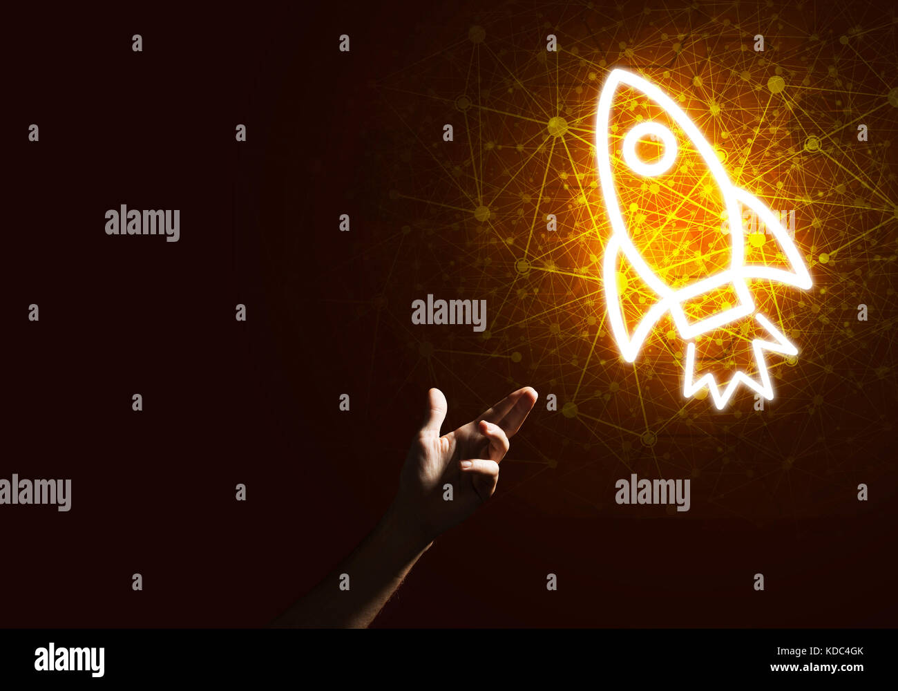 Man palm presenting Rocket web icon as technology concept Stock Photo ...