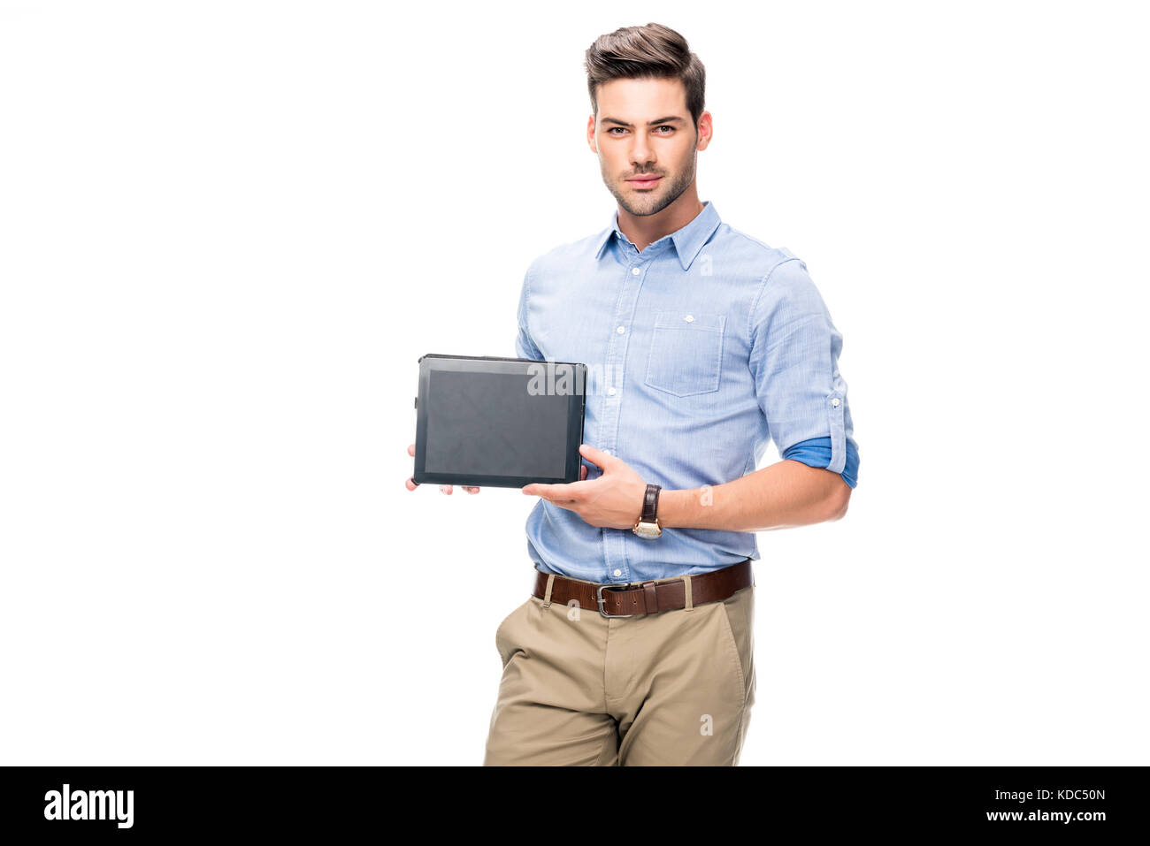 young man showing tablet Stock Photo - Alamy