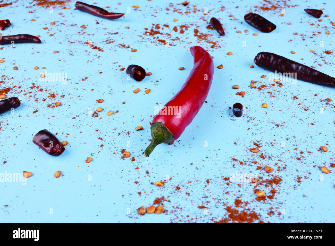 Red chilli papper on trendy blue background. Flat lay style. Colorful ...