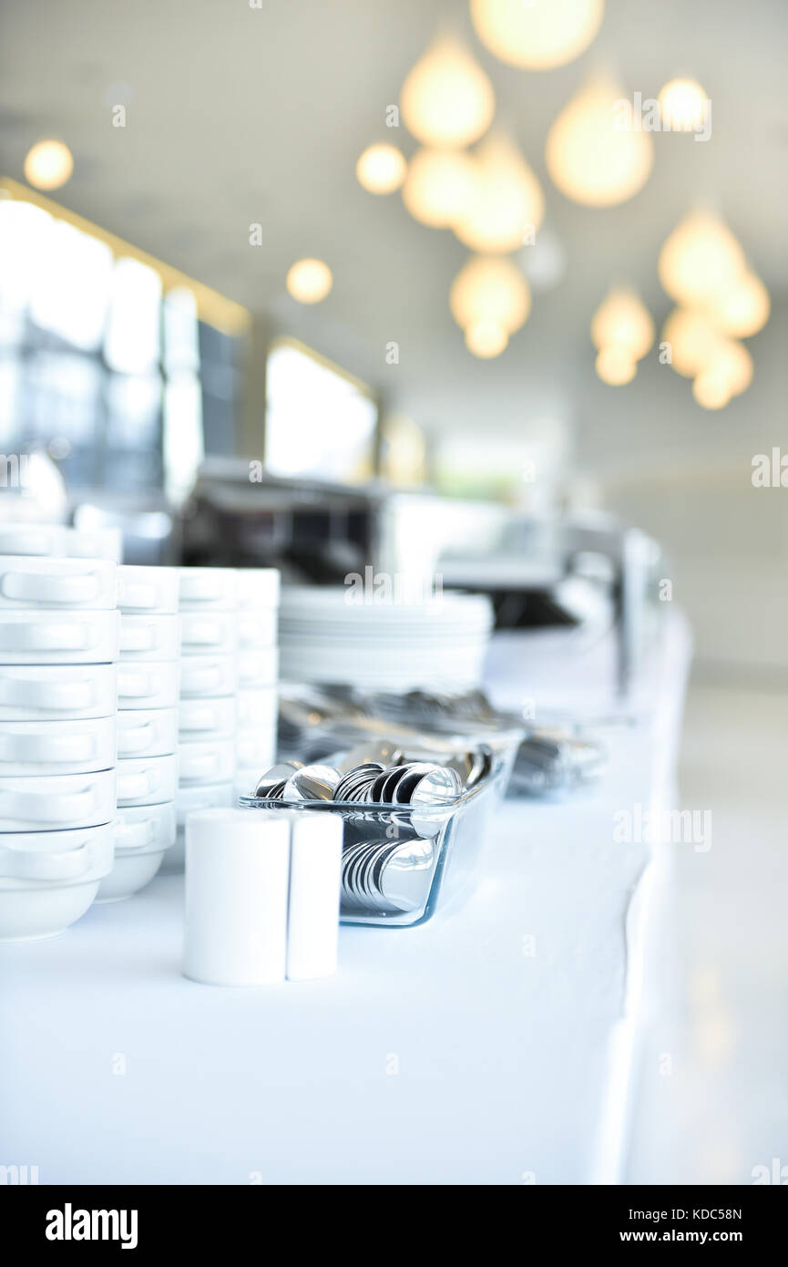 Empty catering plates, platters and trays setup before event Stock ...