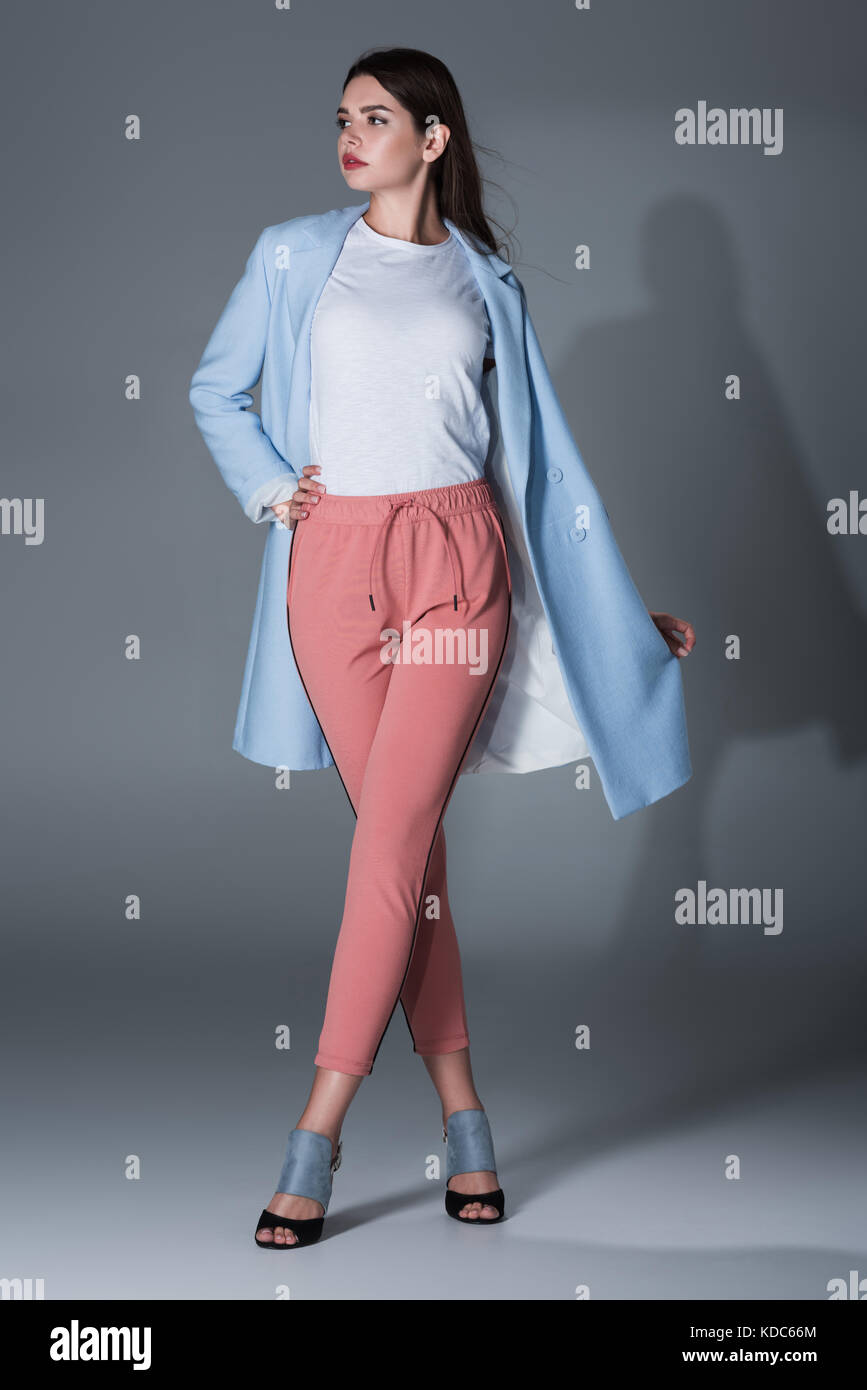 model in blue trench Stock Photo - Alamy