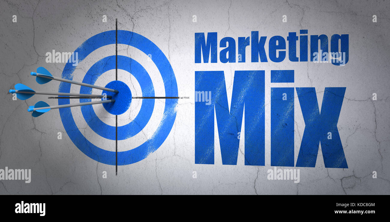 Marketing concept: target and Marketing Mix on wall background Stock ...