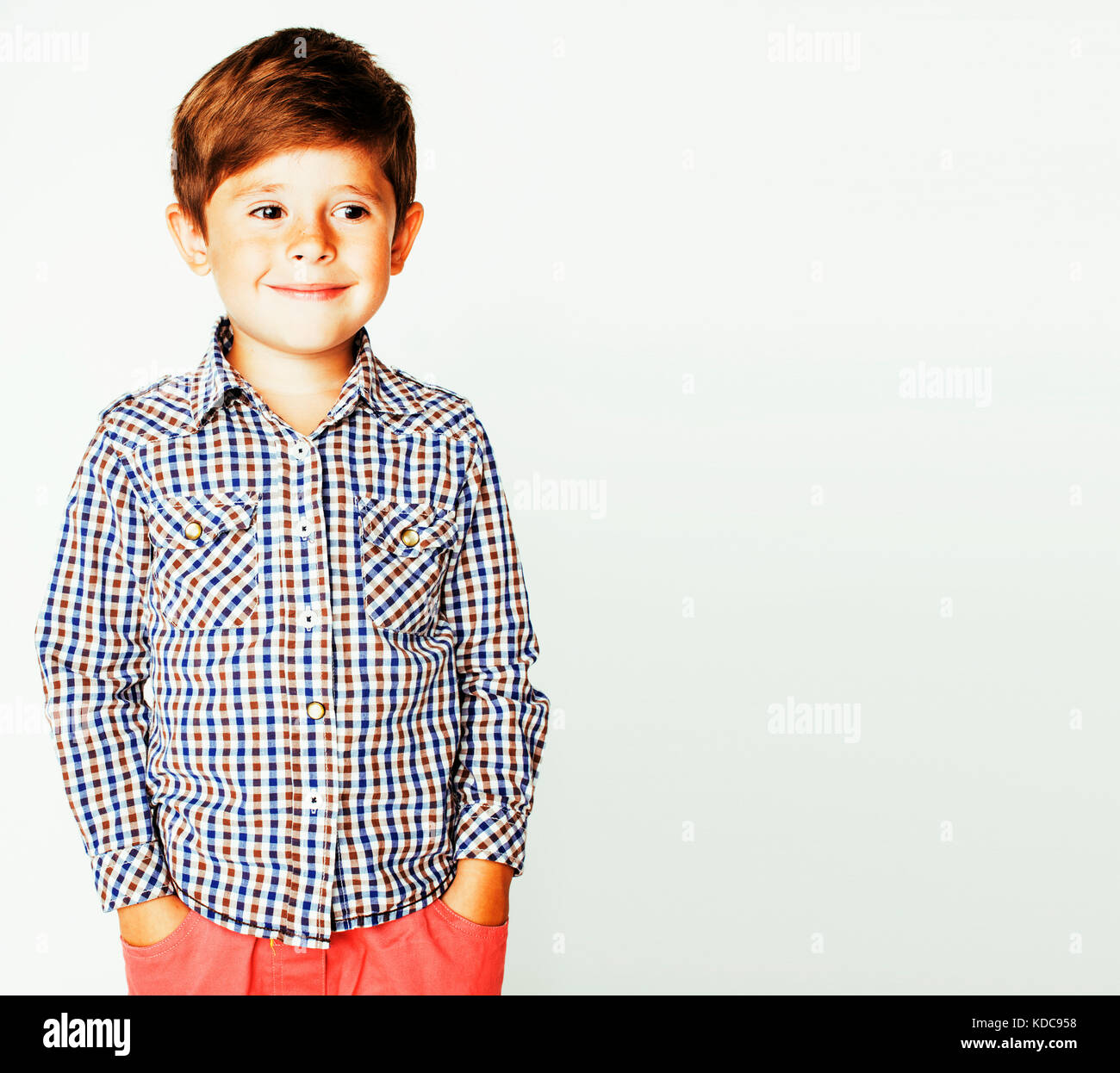 young pretty little cute boy kid wondering, posing emotional fac Stock ...