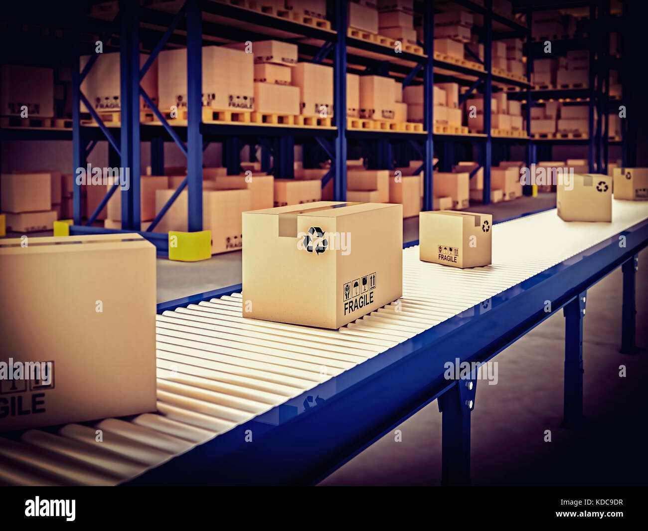 classic conveyor and boxes in warehouse 3d rendering image Stock Photo ...