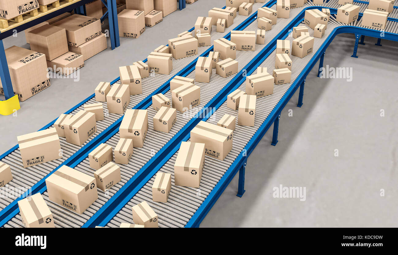classic conveyor and boxes in warehouse 3d rendering image Stock Photo ...