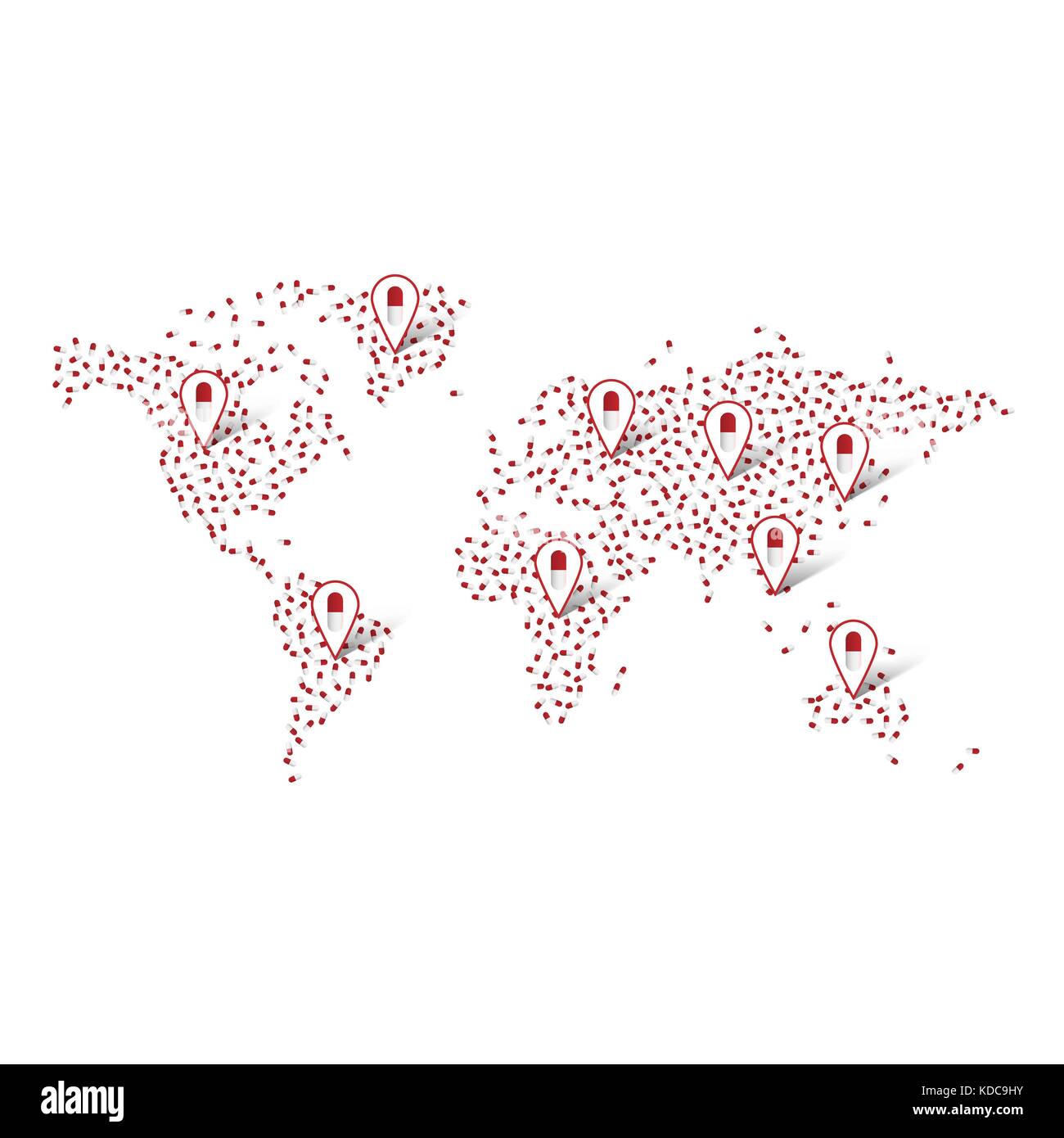 Abstract world map with pointers made of red medical pills Stock Vector ...