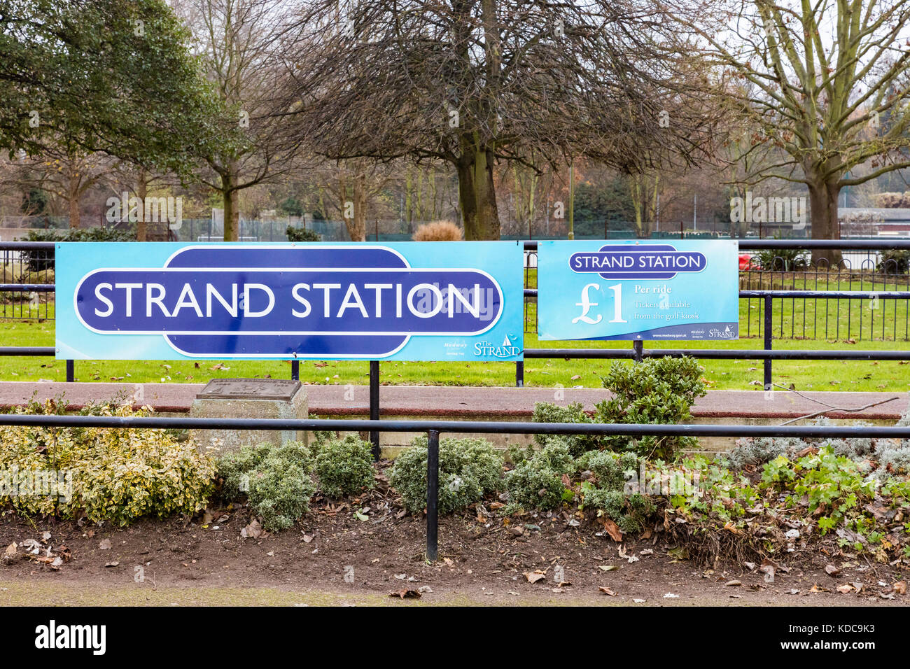Strand station signs on the miniature railway at the Strand Park ...