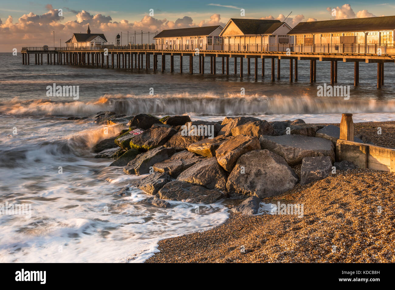 The sun lights up the Pier in the popular Suffolk seaside town of ...