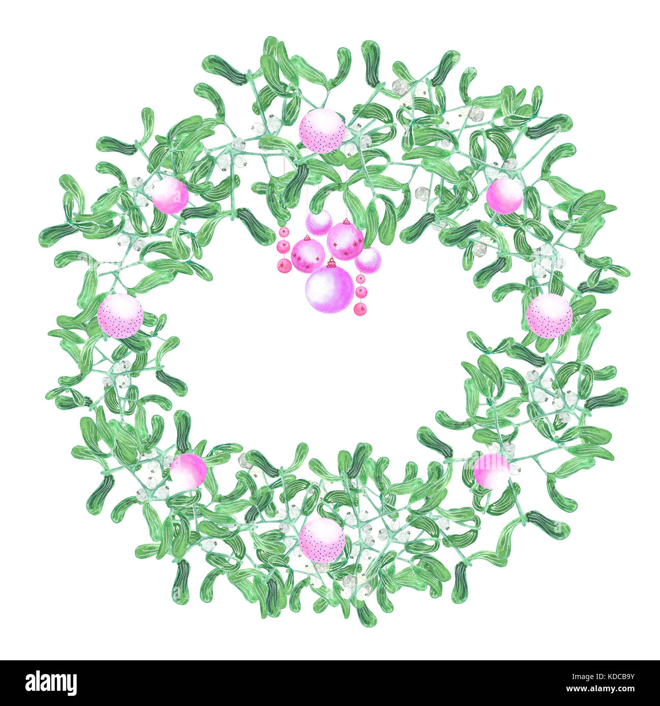 watercolor mistletoe wreath decorated with pink balls Stock Photo - Alamy