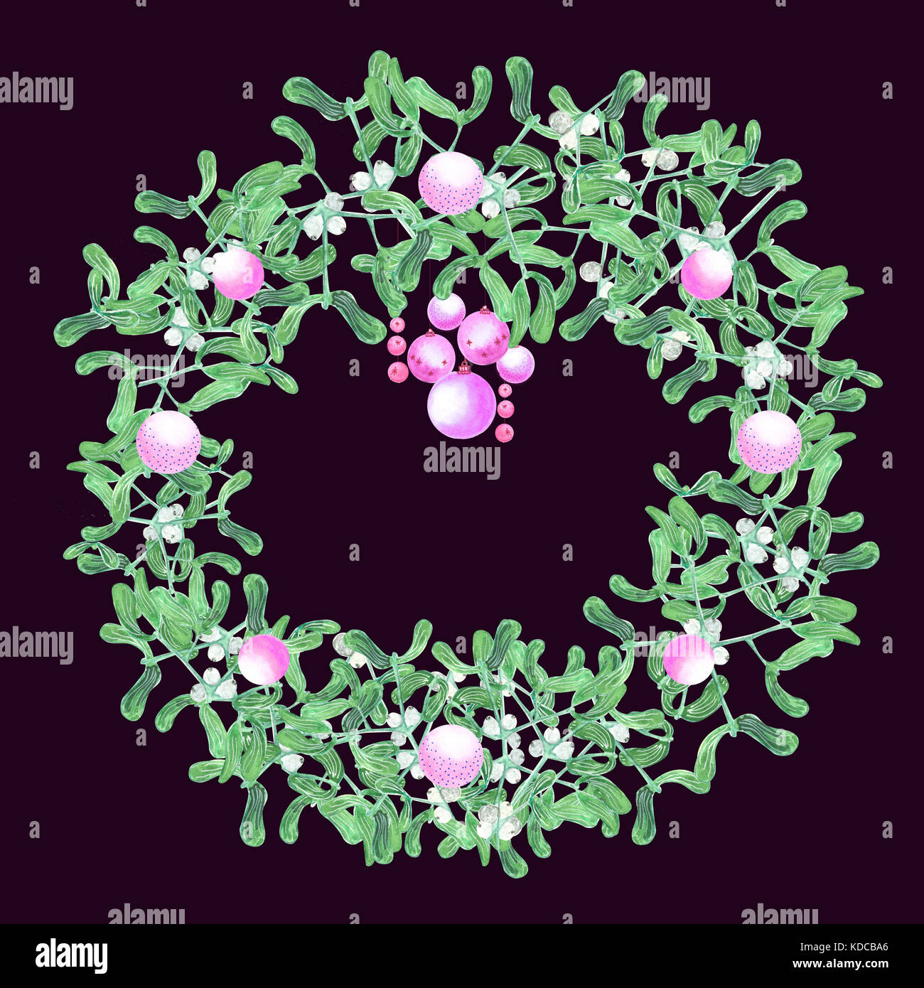 watercolor mistletoe wreath on dark background Stock Photo - Alamy