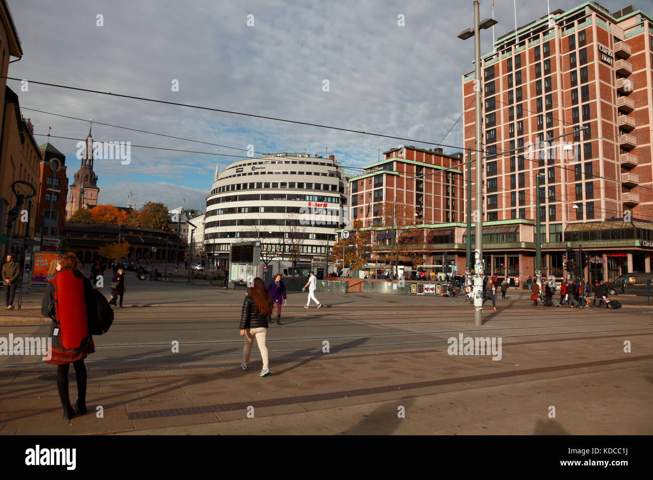 Tram lines and an underground station in the centre of Oslo, Norway ...