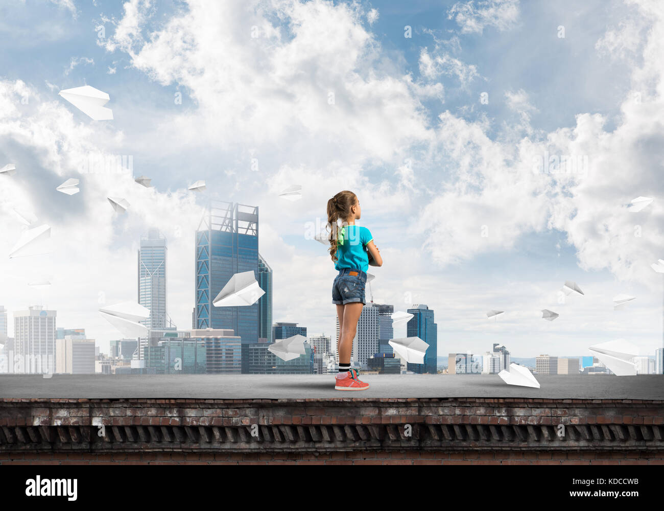 Concept of careless happy childhood with girl looking far away Stock ...