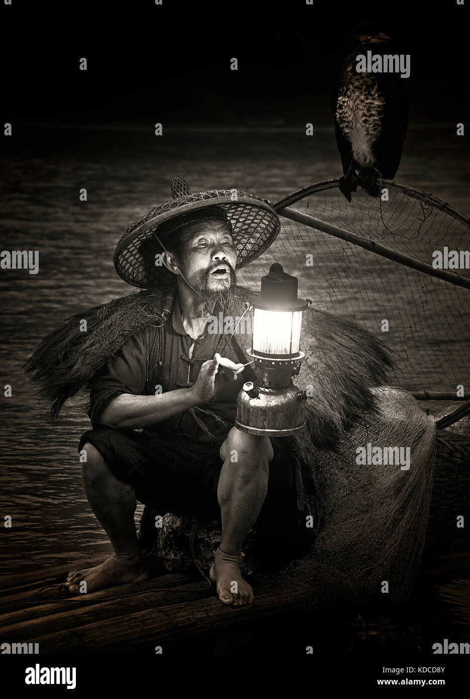 Cormorant fisherman and his birds on the Li River in Yangshuo Stock ...