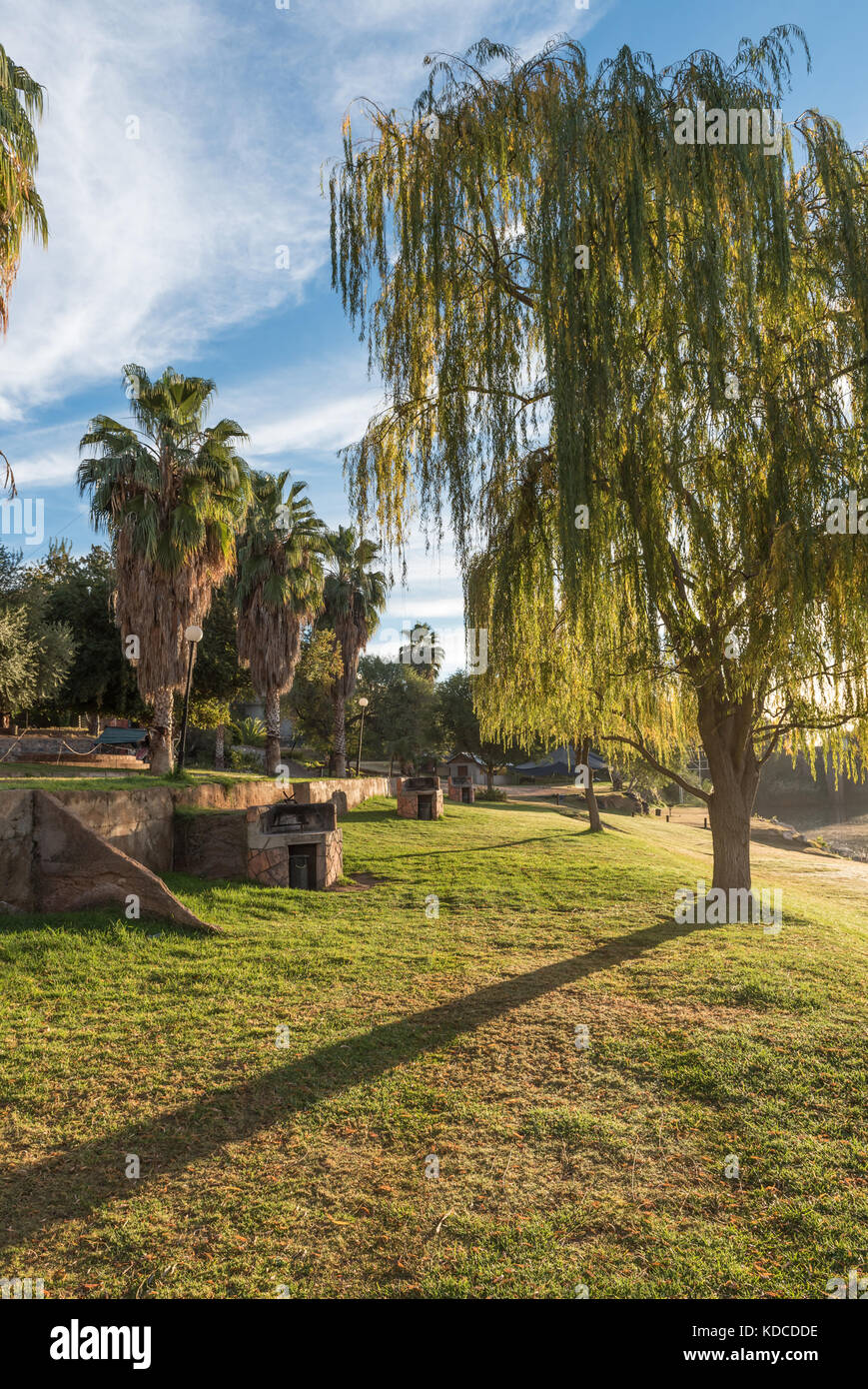 Sunrise at a holiday resort next to the Orange River at Upington, a ...