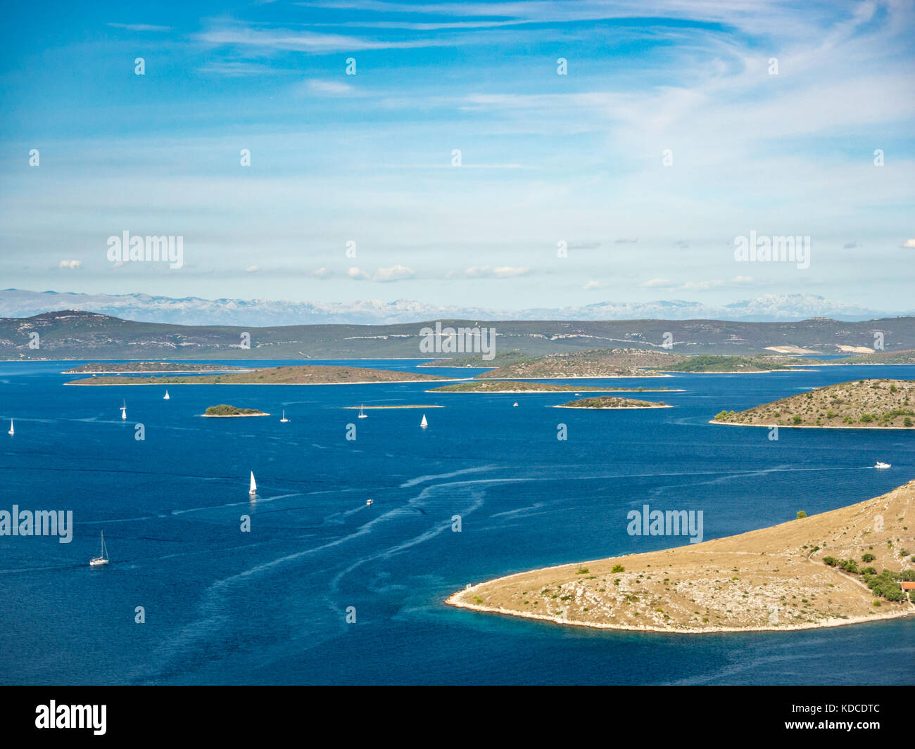 Aerial panoramic view of islands in Croatia with many sailing yachts ...