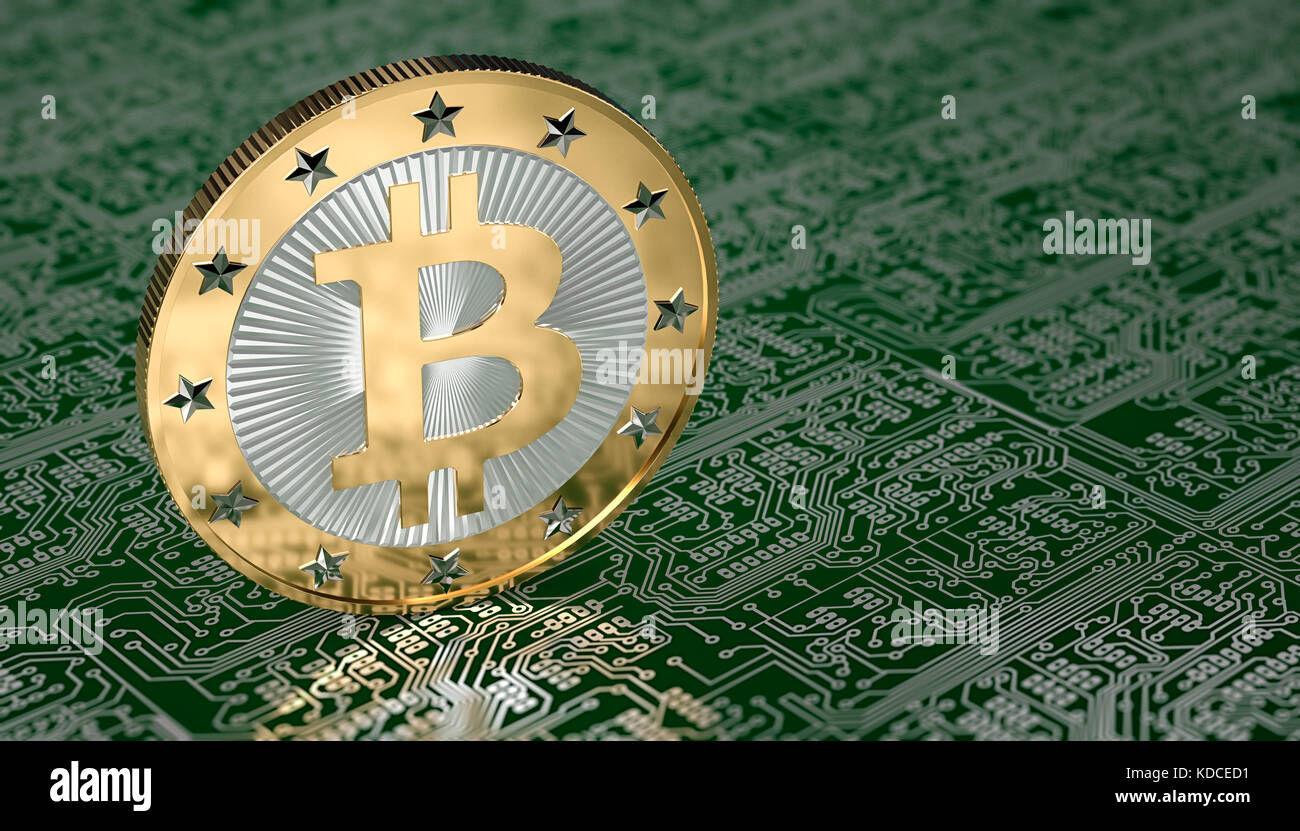 Bitcoin on circuit board layout - 3D Rendering Stock Photo - Alamy