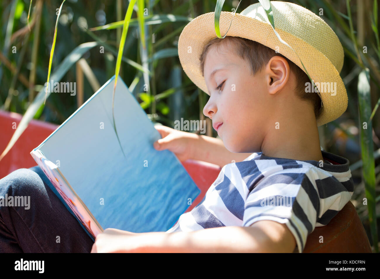 Close up portrait of a little sweet boy reading the book and enjoying ...