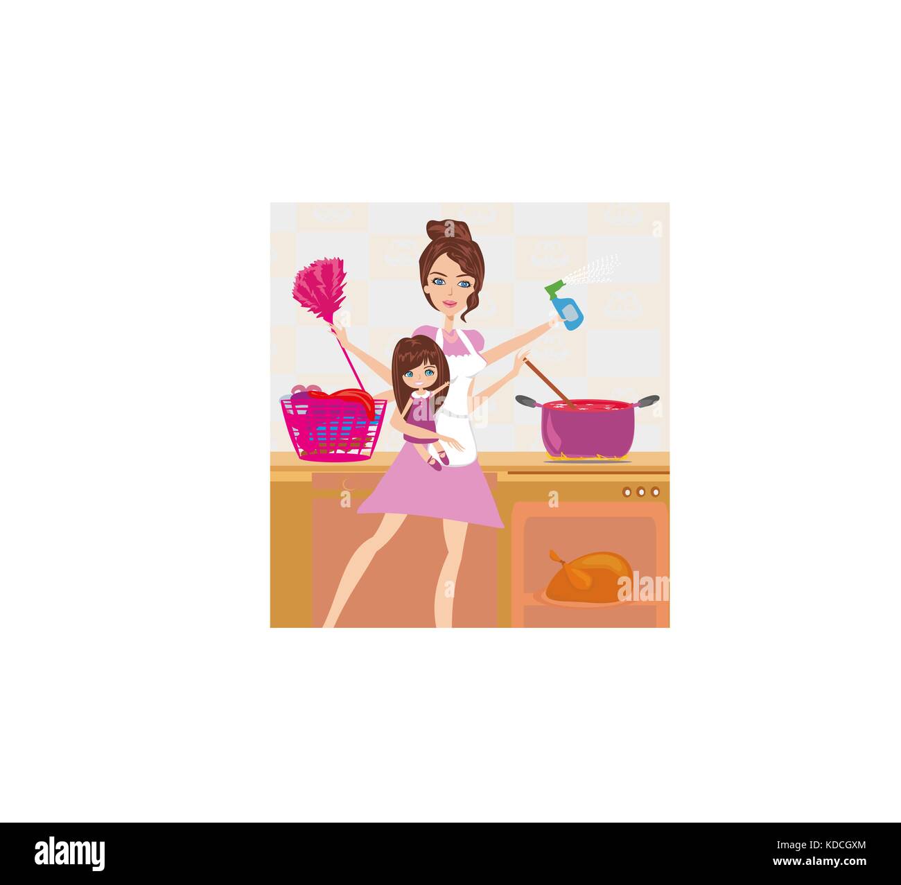 Busy young mother simultaneously doing many tasks around the house ...