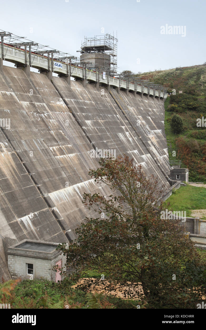 The downstream face of the Val de la Mare dam in Jersey, UK during ...