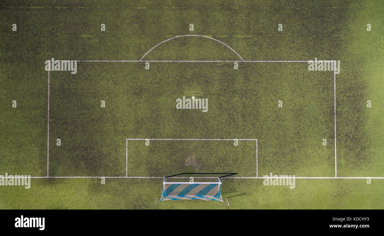 View of a football pitch with blue and white goals from above Stock ...