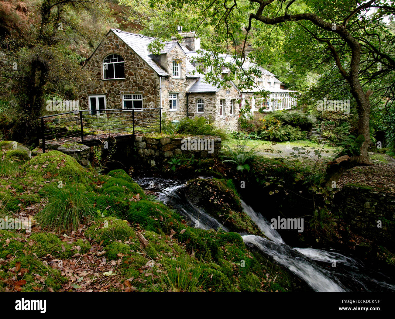 Stone house in the woods next to a river, Gwynedd, Snowdonia National ...