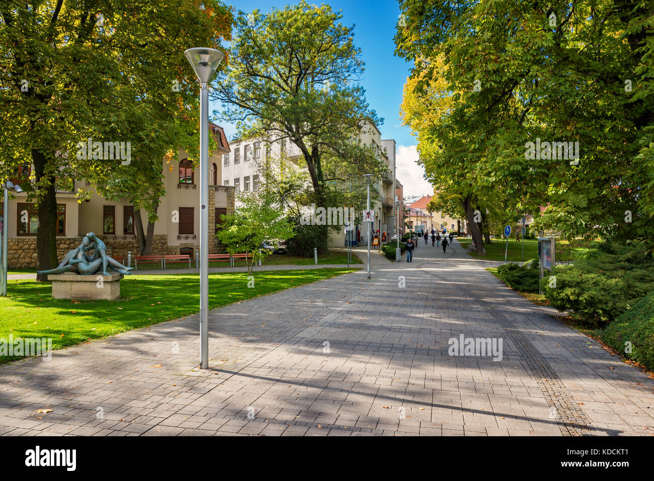 Autumn in Piestany (Slovakia) - Park with statue and street lights ...