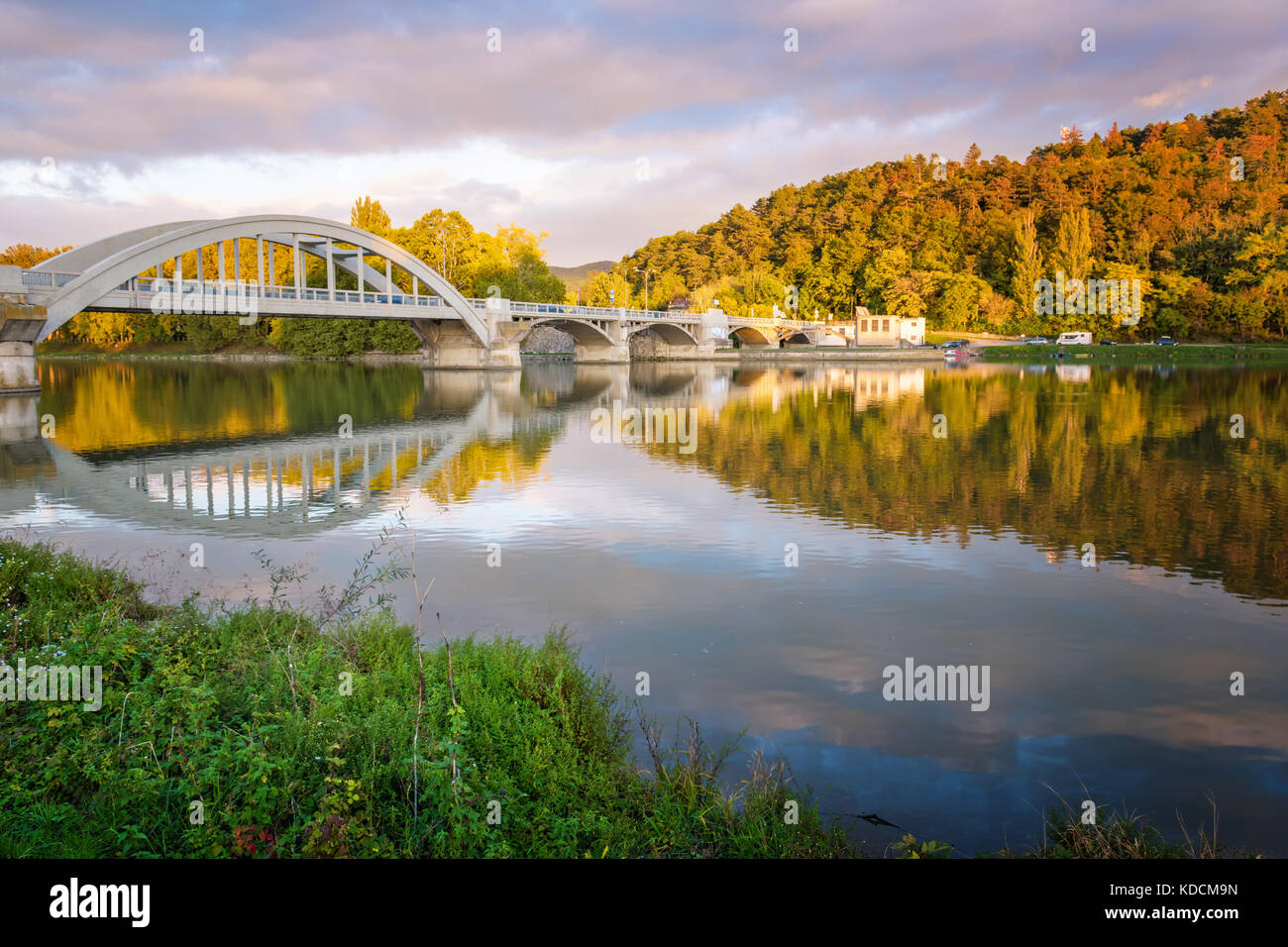 Bridge in Piestany (Slovakia), dark sky + colorful autumn Stock Photo ...