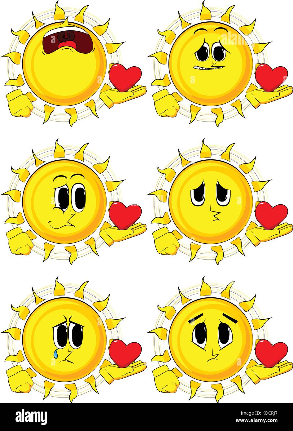Cartoon sun holding red heart in his hand. Collection with sad faces ...