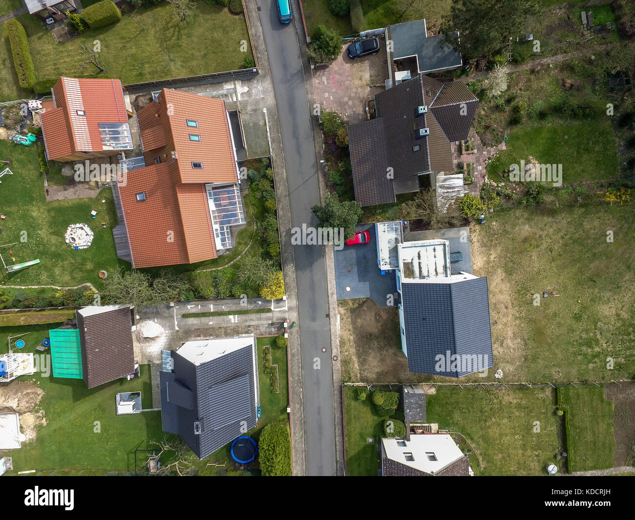 Aerial photo with the drone, a new build-up plot with single houses and ...