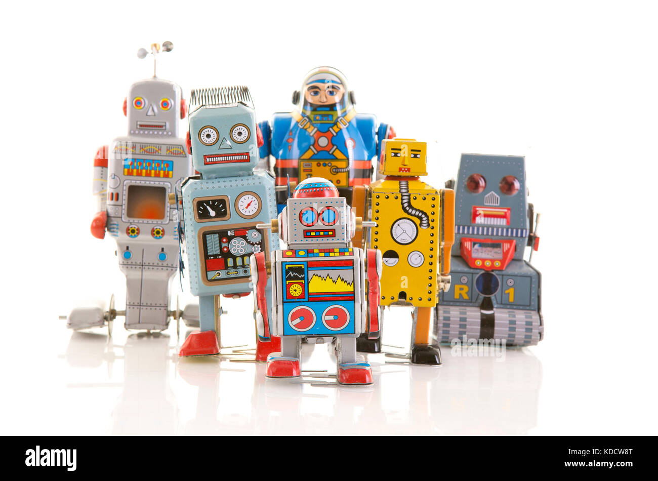 SWINDON, UK - OCTOBER 12, 2017: Row of old clockwork tin robots in a ...