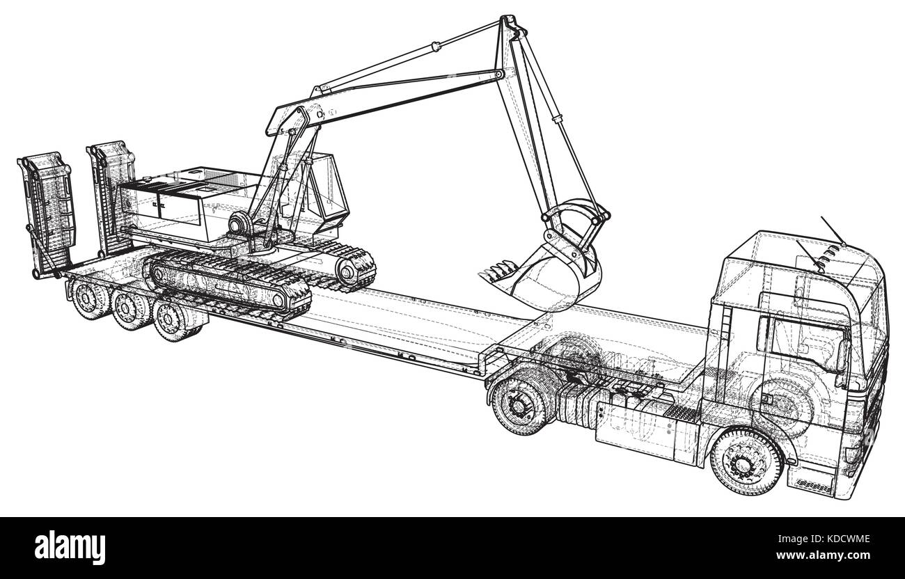 Low bed Truck Trailer and excavator. Abstract drawing. Tracing ...