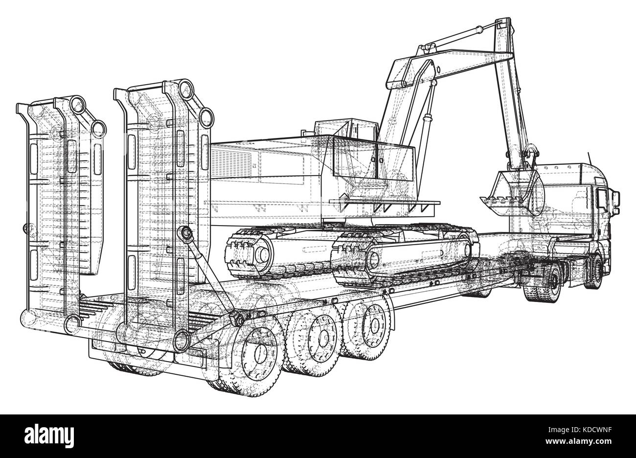Low bed Truck Trailer and excavator. Wire-frame. EPS10 format. Vector ...