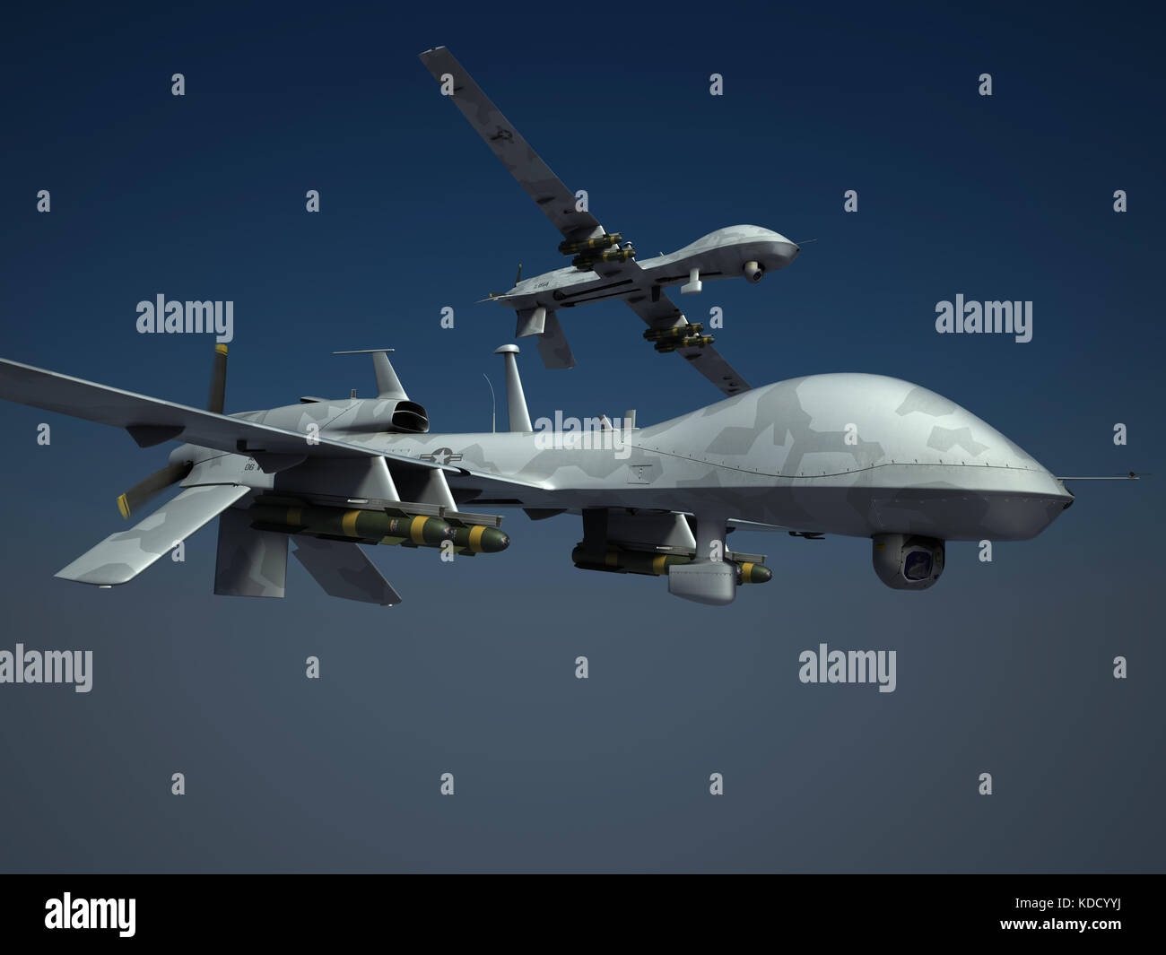 Two MQ-1C Gray Eagle military drones. Gray brown artist concept ...
