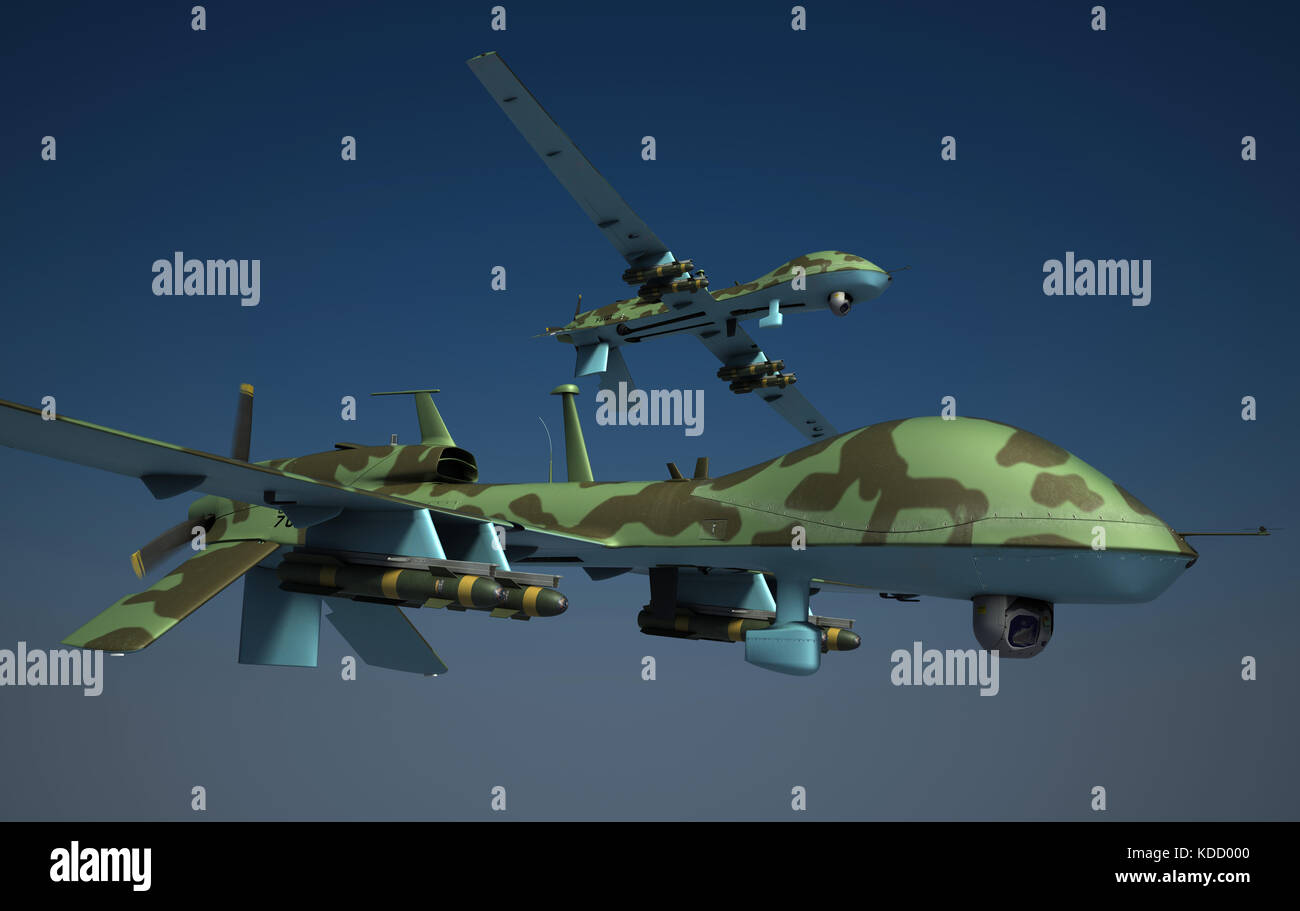 Two MQ-1C Gray Eagle military drones. Green brown artist concept ...
