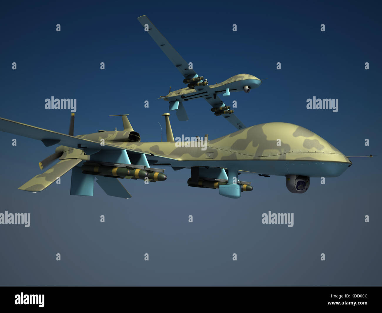 Two MQ-1C Gray Eagle military drones. Yellow brown artist concept ...
