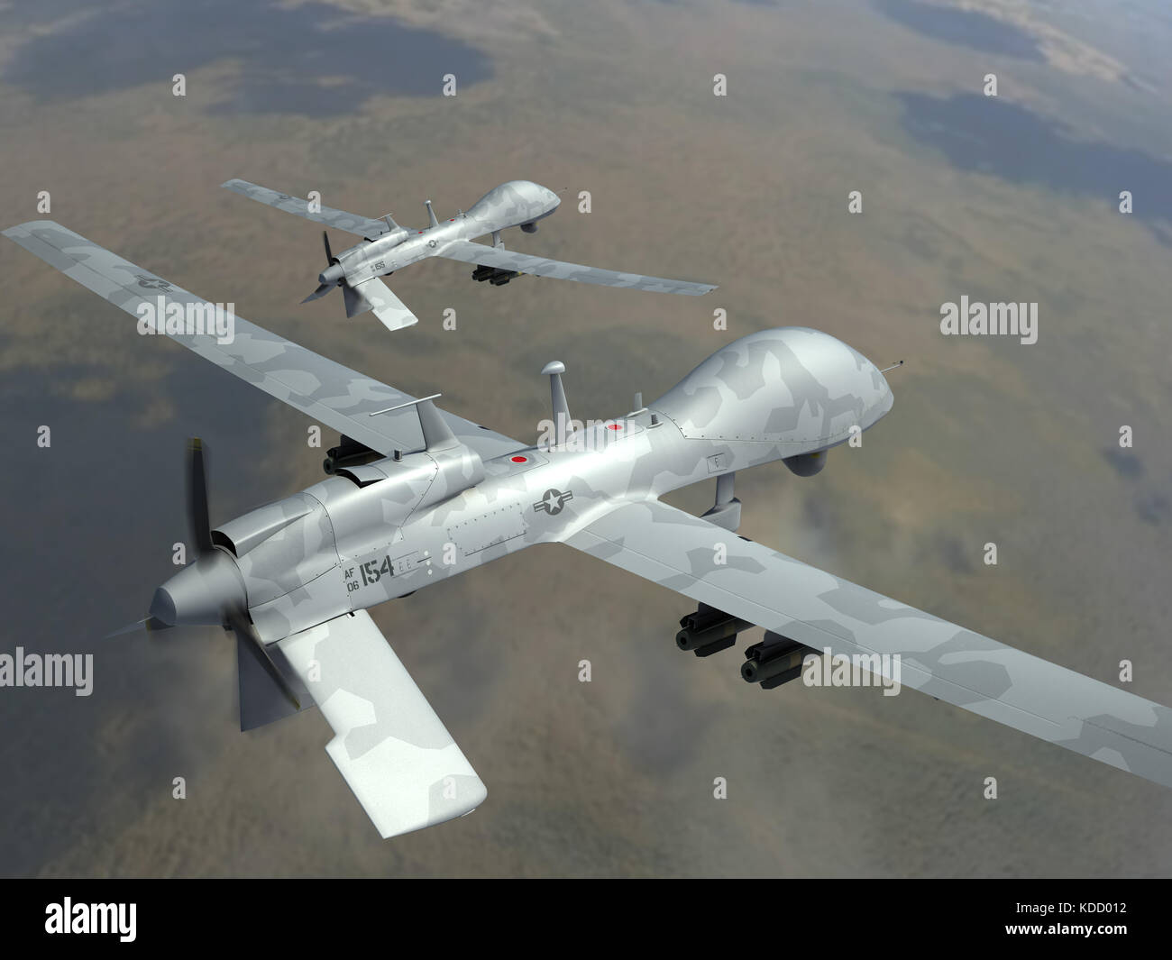 Two MQ-1C Gray Eagle military drones. Gray camouflage. 3d render ...