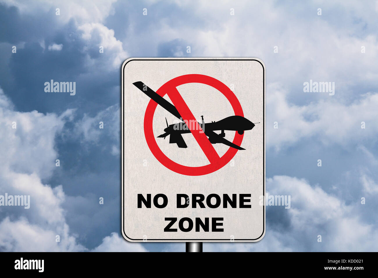 No Drone Zone sign. Military drone. Clouds background. Humor Stock ...