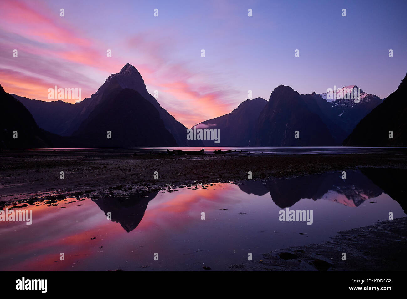 Milford sound sunset behind Mitre Peak with the mountains reflected in ...