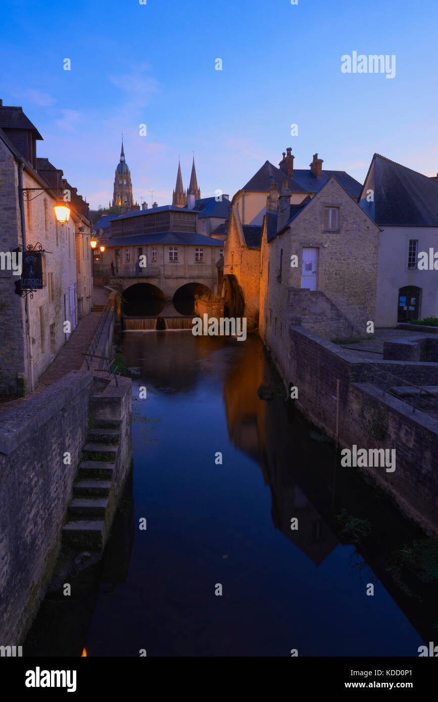 Bayeux, Water mill, Old Town, River Aure, Dusk, Normandy, Calvados ...