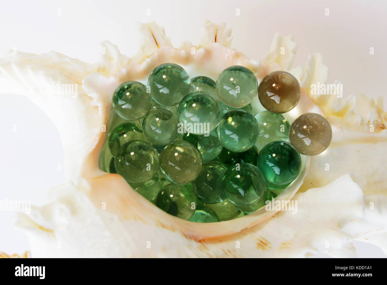 Beauty sea shell and a lot of glass balls on a white background Stock ...