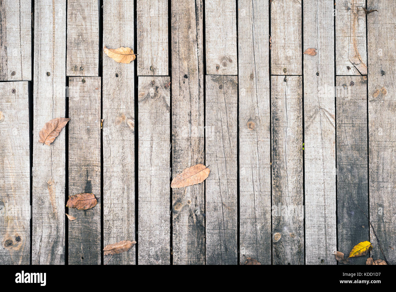Rustic wood floor with autumn leaves background texture Stock Photo - Alamy