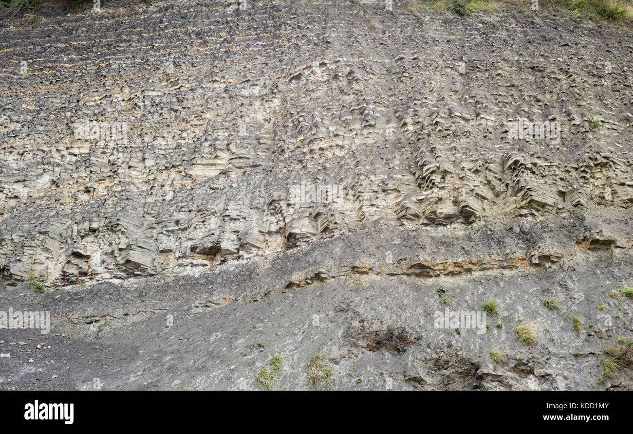 Fallen rock and rock strata in cliffs near Penarth Head, Penarth, Wales ...