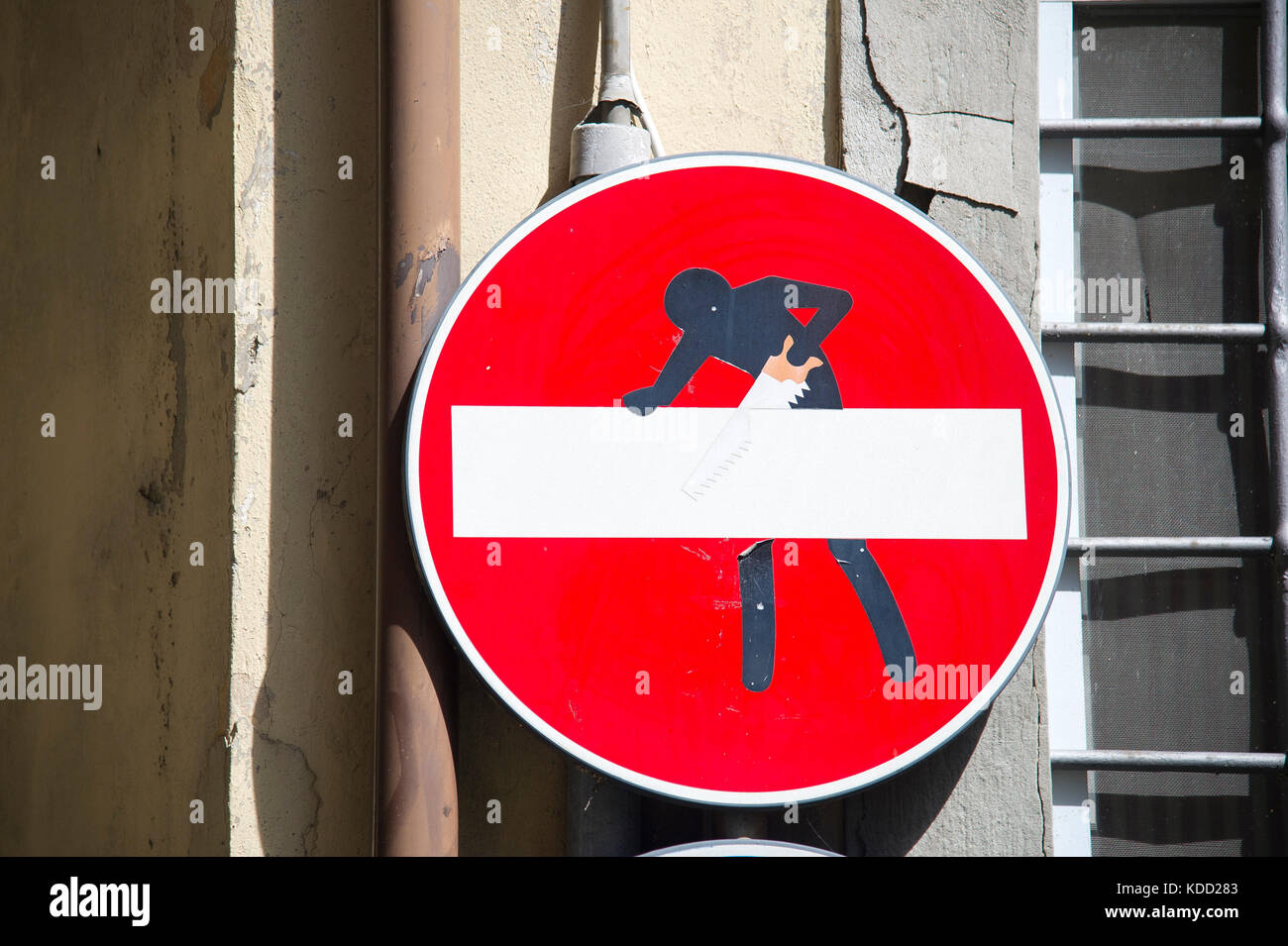 Funny No entry road sign in medieval old town in Poppi, Tuscany, Italy ...
