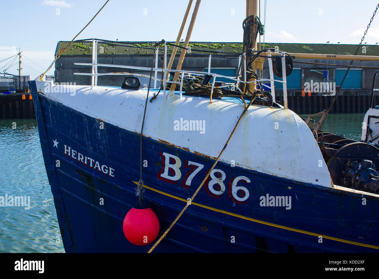 The covered bow of a commercial fishing trawler in harbour in the Ards ...