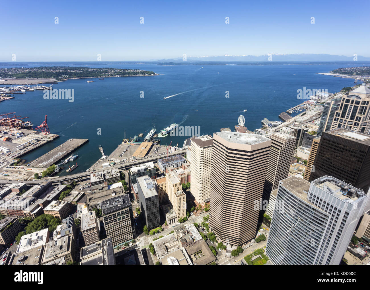 Aerial view of Seattle container port and ferry terminal buildings and ...
