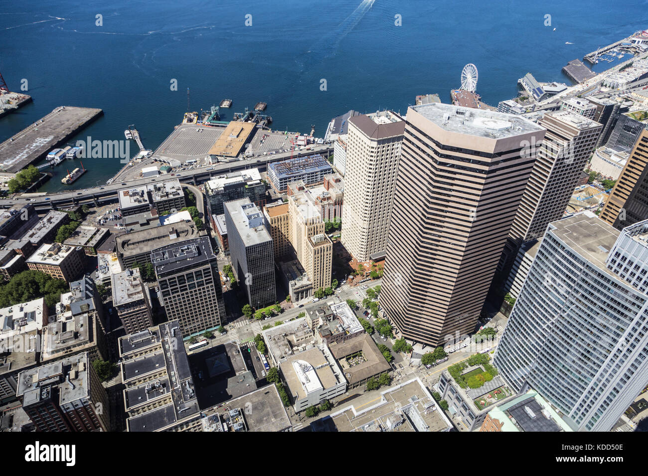 Aerial view of Seattle container port and ferry terminal buildings and ...
