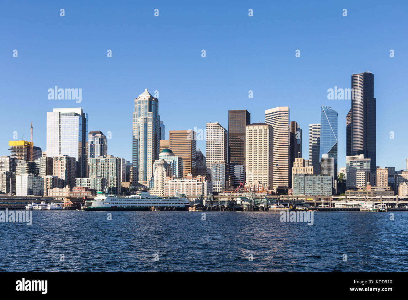 Sunset over Seattle downtown district, with many office towers and ...