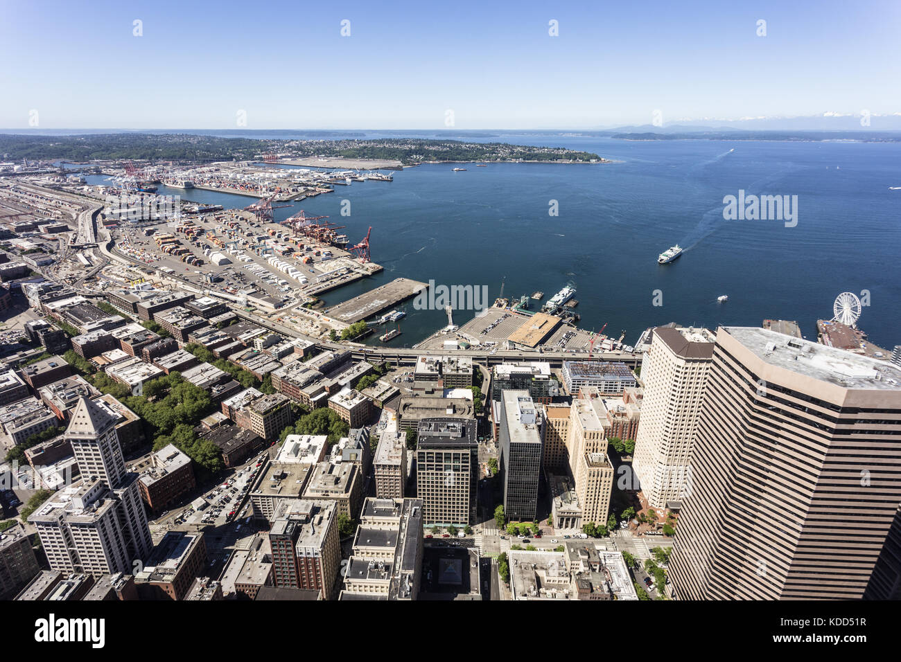 Aerial view of Seattle container port and ferry terminal buildings and ...
