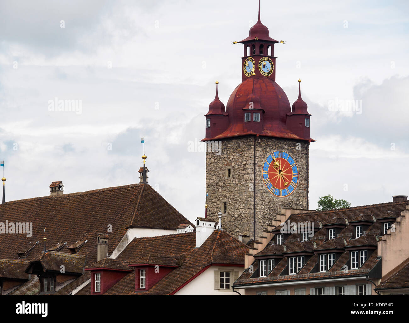 The famous red clock tower in Luzern city, Luzern, Switzerland Stock ...