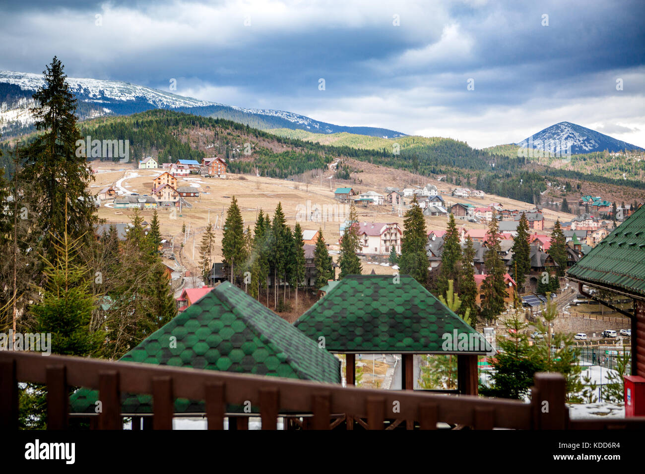 BUKOVEL, UKRAINE, March 06, 2017: wooden houses in the Ukrainian resort ...